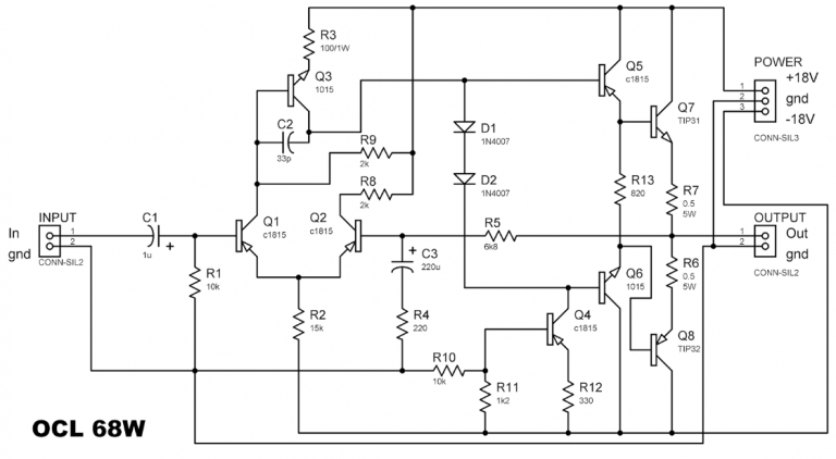 Skema Power Amplifier 68 watt OCL TIP31 TIP32 (60 watt stereo)